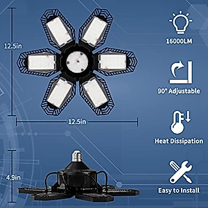 2 Pack Led Garage Ceiling Lights, 160W Deformable LED Garage Lights with 6+1 Multi-Position Panels, 16000LM E26/E27 Led Shop Lights for Garage Workshop Basement Attic Barn