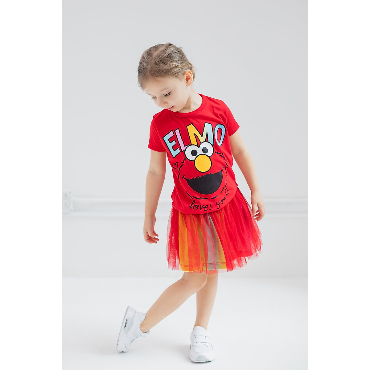 Sesame Street Elmo Infant Baby Girls Graphic T-Shirt Mesh Skirt and Scrunchie 3 Piece Outfit Set Red/Rainbow 18 Months