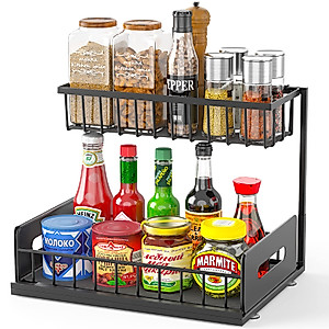 Tochek Under Sink Organizers and Storage, 2 Tier L-shaped Sliding Bathroom Organizer and Storage, Multi-purpose Pull Out Under Sink Organizer for Kitchen Bathroom, Black