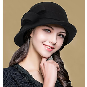 Womens Winter-Cloche-Hat 1920s Classic-Church-Dress Wool-Felt-Bucket-Hats with Flowers(M-L)
