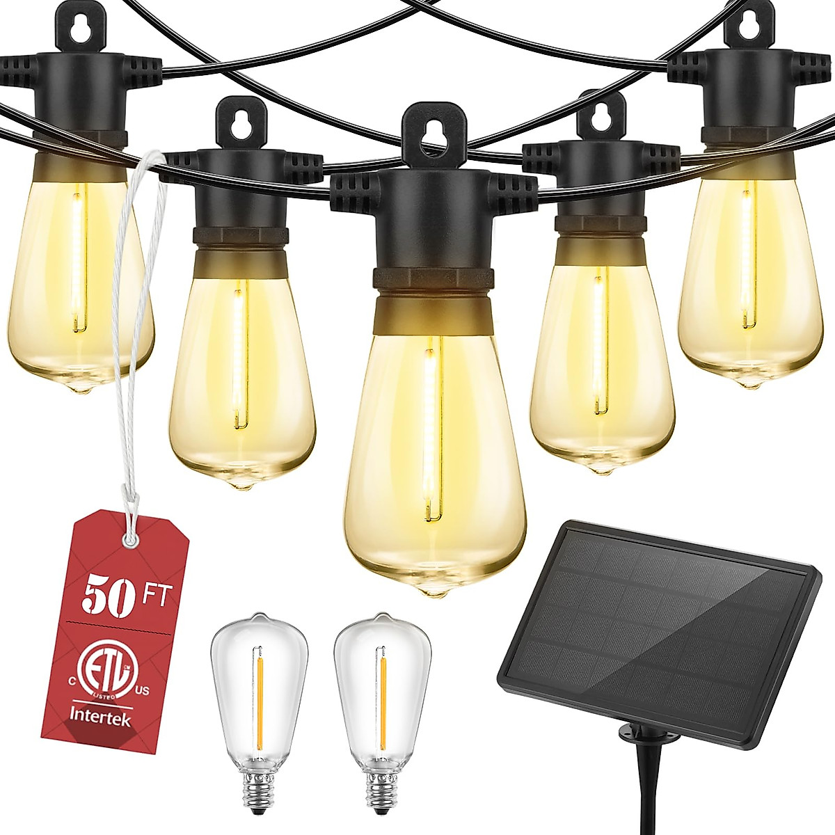 LONIUTO Outdoor Solar String Lights, 50 FT Solar Powered LED String Outdoor Lights Waterproof & Shatterproof, Patio Solar Hanging Lights with 15 Bulbs, Decorative Lights for Outdoor Backyard