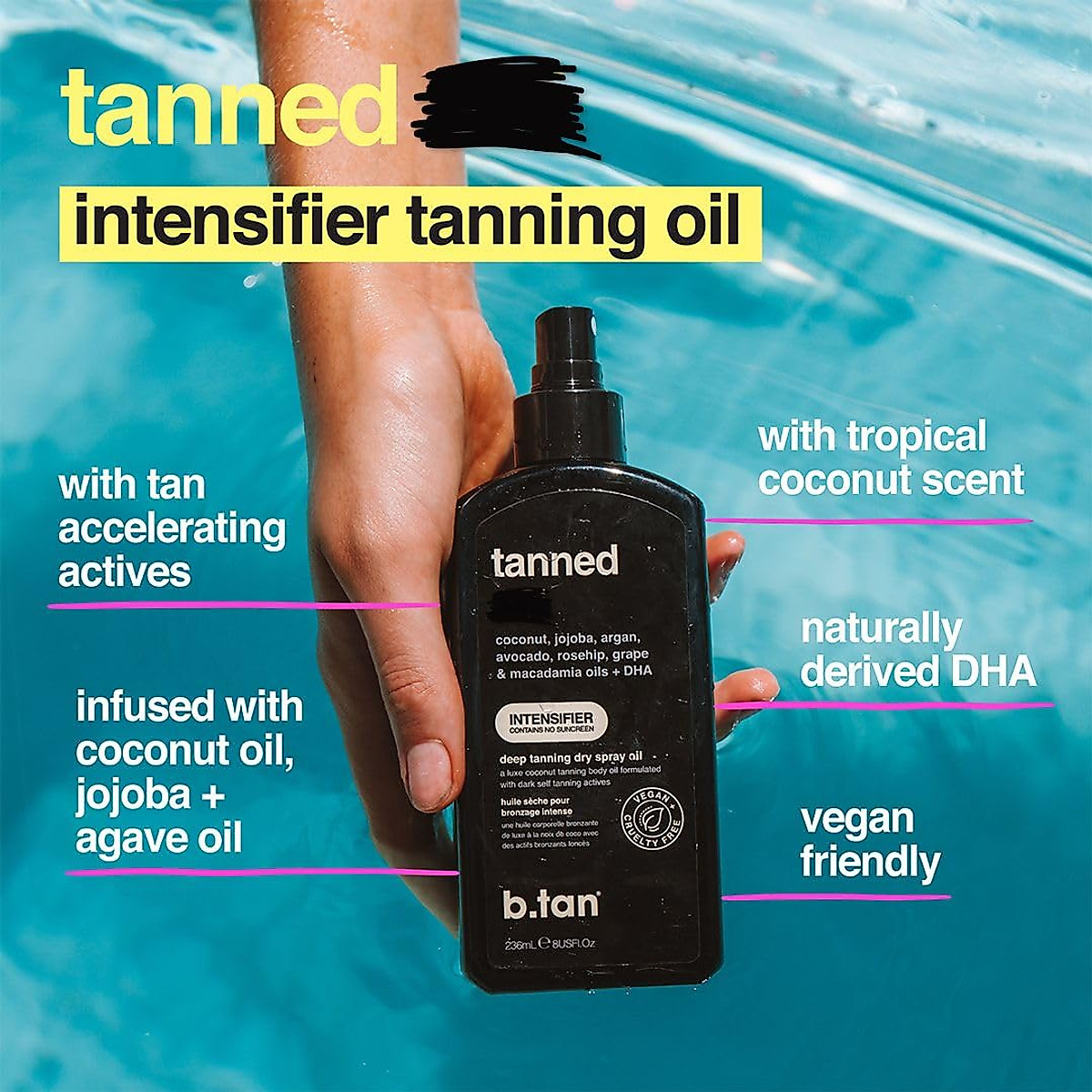 b.tan Tanning Oil | Get Tanned Intensifier Dry Spray - Fast, Dark Outdoor Sun Tanner From Tan Accelerating Actives, Packed with Moisturizing Oils, No SPF, Austrailian Brand, 8 Fl Oz