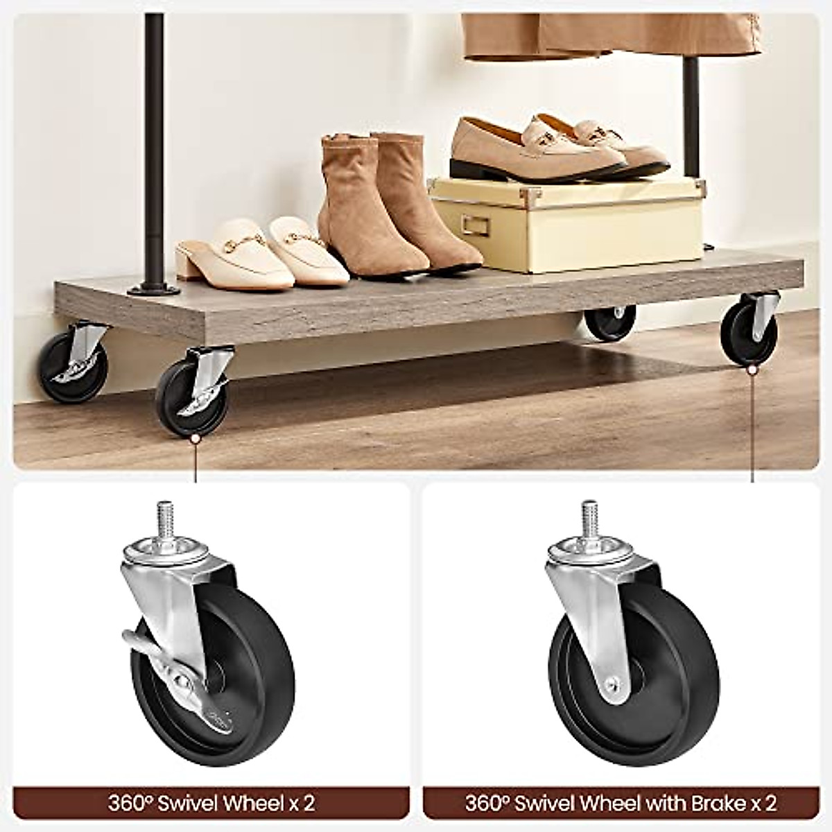 VASAGLE Clothes Rack, Heavy-Duty Clothing Rack, Industrial Pipe Style Rolling Garment Rack with Shelf, for Bedroom, Laundry Room, Retail Store, Greige and Black UHSR065B02