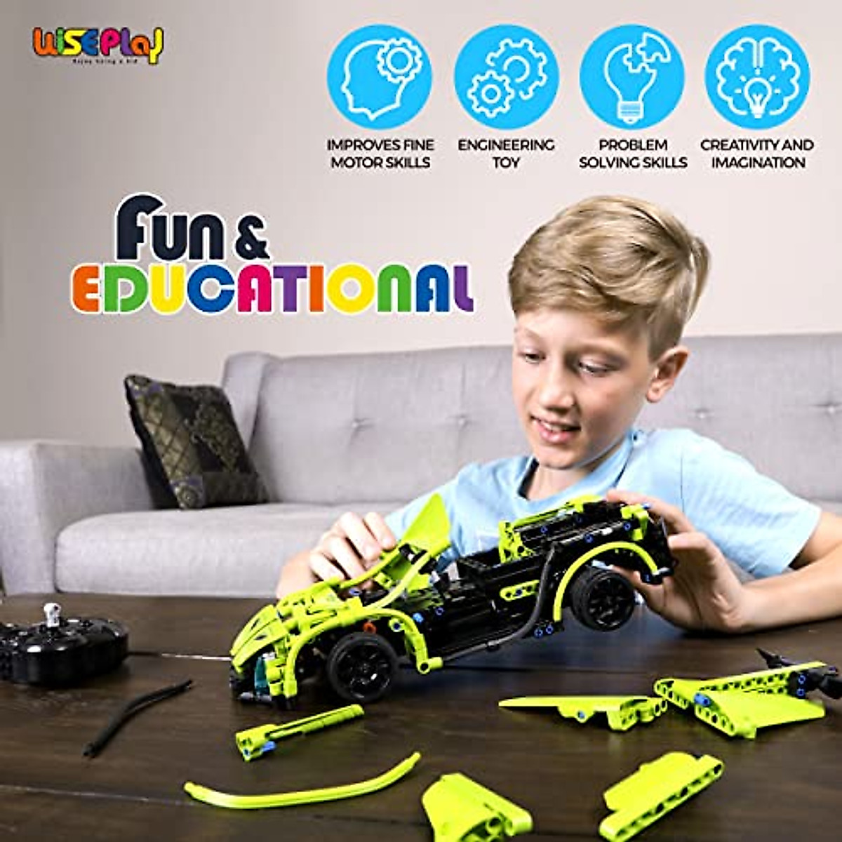 WISEPLAY Remote Control Car Building Kit, 453PCS Stem Toy for Kids Age 8-10, Great RC Car for 10-Year-Old Boys & Girls, Excellent Gift Idea