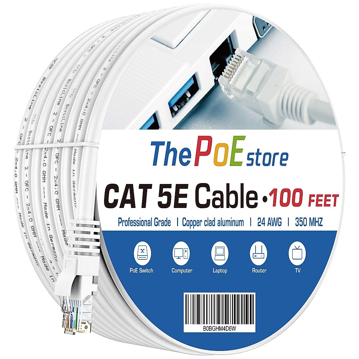 ThePoEstore 100 ft Cat 5 Ethernet Cable，Cat5e Internet Network LAN Cables，350MHz RJ45 Gigabit White Snagless Patch Cord，for PC, Server, Router, Modem, TV, PS5 Ethernet Device