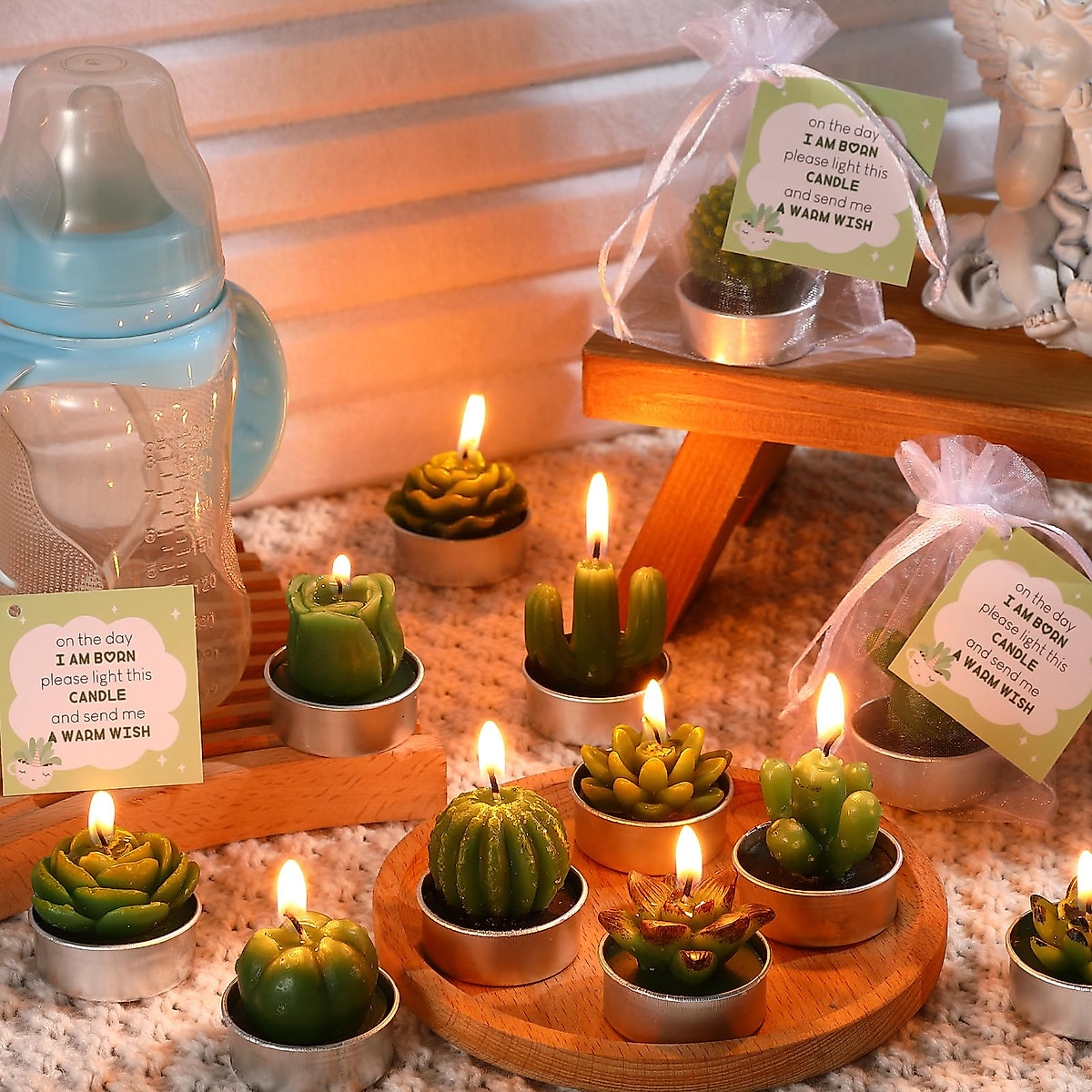 MTLEE 48 Sets Baby Shower Favors Include 48 Succulent Pumpkin Shaped Candles Fall Mini Plants Tea Lights Candles with 48 Invitations Cards and 48 Organza Bags for Baby Gender Reveal Guests(Succulent)