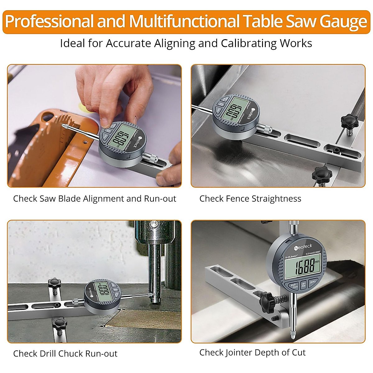 Neoteck 0-1'' Digital Dial Indicator Table Saw Gauge Suitable for Table Saws with a Groove Width of 3/4" (19mm) or more for Aligning and Calibrating Work,Shop Machinery,Band Saw and Drill Press-Silver