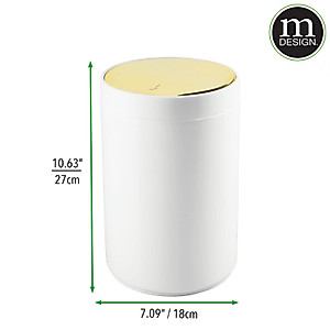 mDesign Small Round Plastic Trash Can Wastebasket, Garbage Container Bin with Swing Top Lid - for Bathrooms, Kitchens, Home Offices - 1.3 Gallon/5 Liter - White/Gold