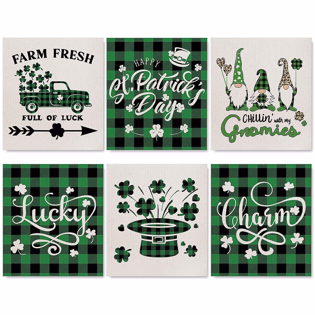 AnyDesign St. Patrick's Day Swedish Kitchen Dishcloth Green Black Buffalo Plaids Gnome Truck Shamrock Absorbent Cotton Kitchen Towel for Party Home Housewarming Cleaning Counter Wipes, 7 x 8 in, 6Pcs