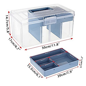 BTSKY 2 Layer Clear Plastic Dividing Storage Box with Removable Tray Multipurpose Stationery Storage Box with Handle Portable Sewing Box Art Craft Supply Organizer Home Utility Box (Big Blue)