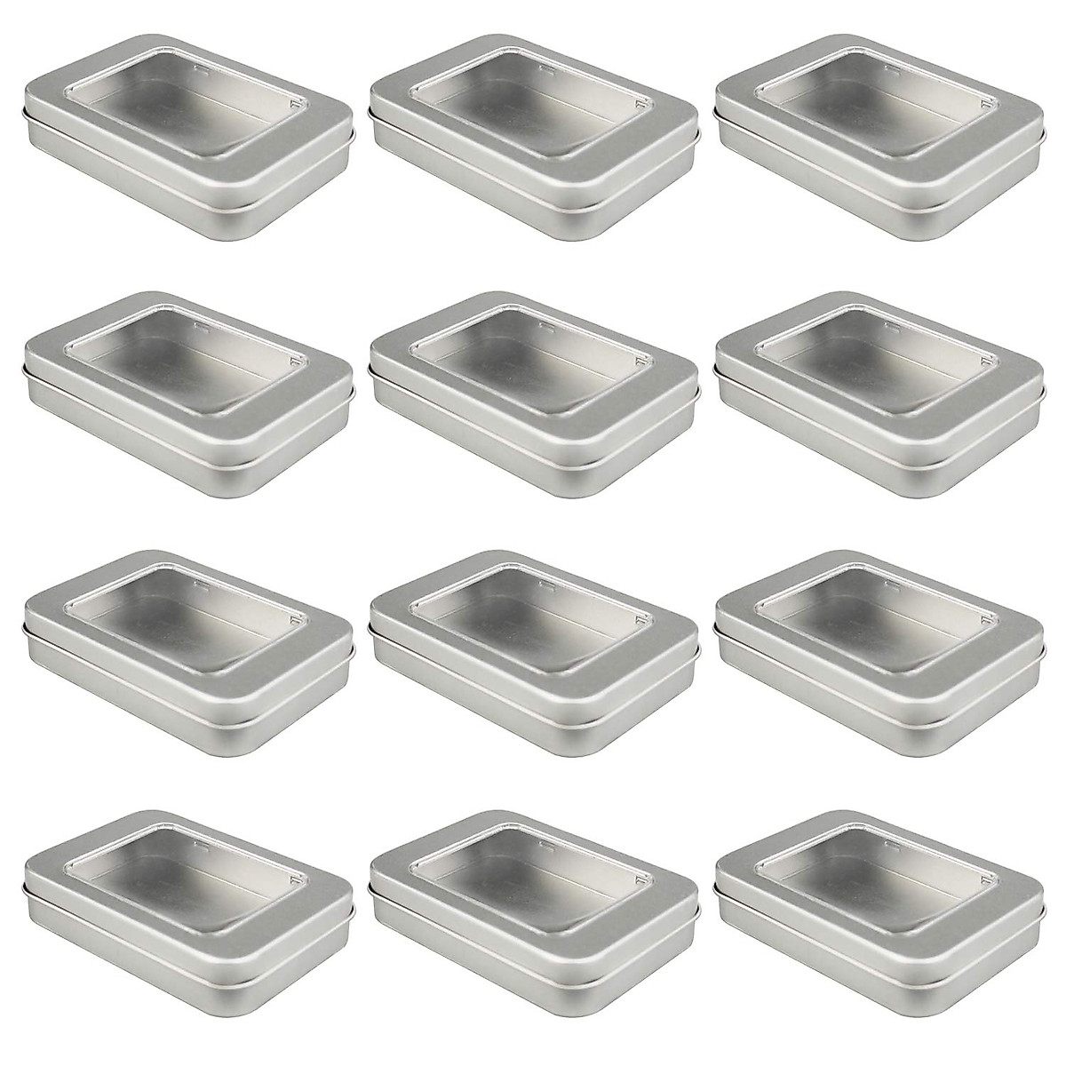 12 Pack Empty Rectangular Metal Storage Organizer Tins with Clear Window Hinged Lids for Candies, Gifts & Treasures (Silver)