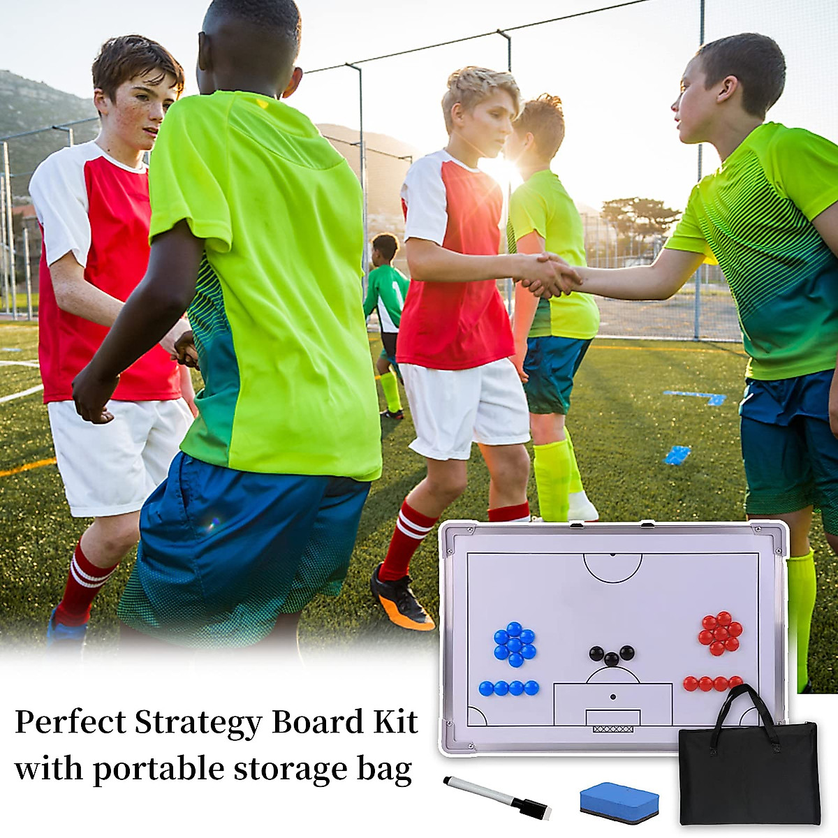 Magnetic Soccer Football Coach Board，Portable Clipboard Tactical Magnetic Board Kit W/Marker Pieces,Pen, Eraser, Storage Bag