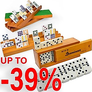 Queensell Dominoes Double 6 + Domino Holders Large
