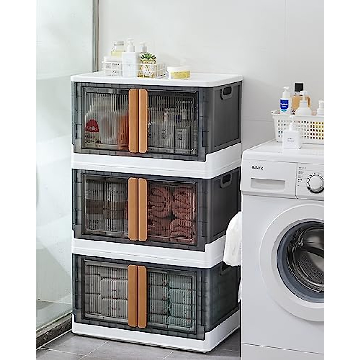 XTACO 3 Pack Stackable Storage Bins with Lids, 8.4 Gal Collapsible Storage Bins, Wardrobe Closet Organizer, Foldable Plastic Storage Container with Door, Crate for Book Storage