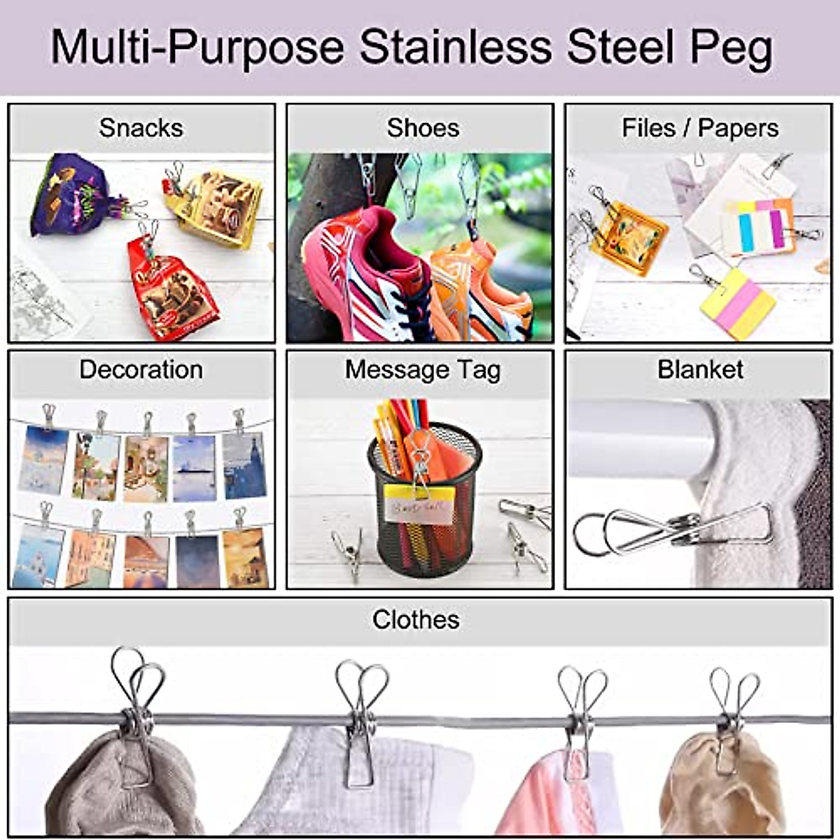 Clothespins Laundry Chip Clips - 100 Pack Bulk Durable Stainless Steel Clothes Pins,Heavy Duty Clamp Metal Wire Clothes Pegs with One Storage Bag & 2 Hooks,for Outdoor Clothesline Home Kitchen Office