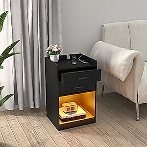 TOLEAD Nightstand with Charging Station and LED Lights, Modern End Side Table Bedside Table with 2 Drawers, Nightstand Storage Cabinet for Bedroom, Black