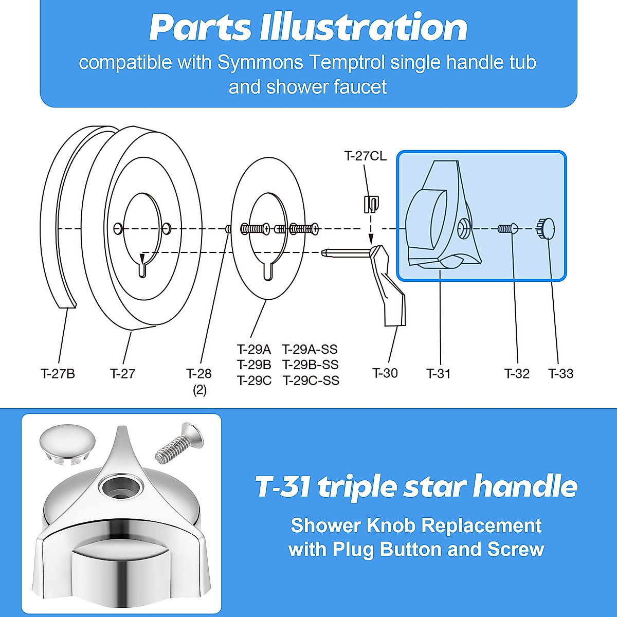Dreyoo Shower Faucet Handle Replacement for T-31, Compatible with Symmons/Temptrol Tub and Shower Faucets, Shower Knob Replacement Single Handle with Screw and Plug Button, Metal, Chrome Plated