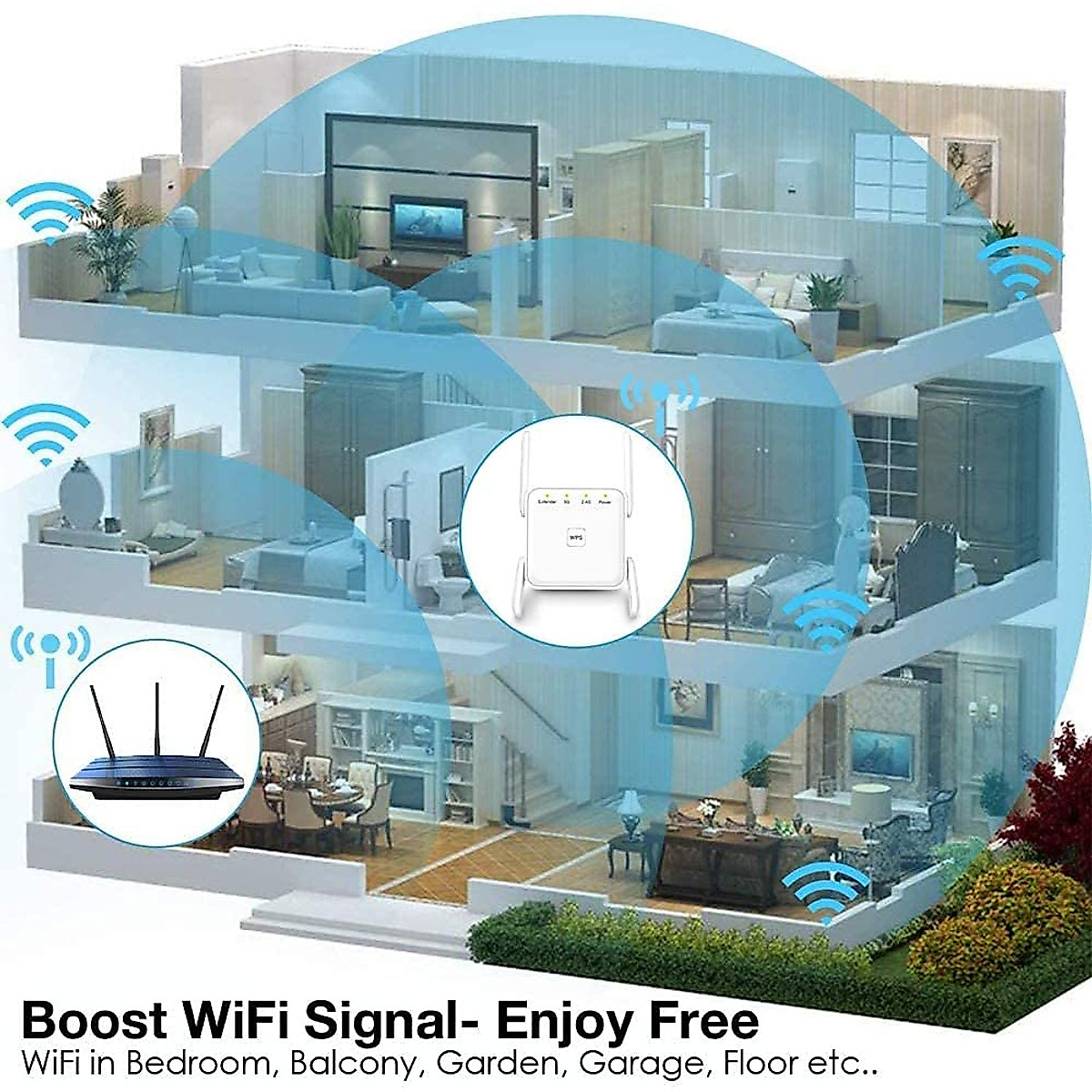 WiFi Repeater - 1200Mbps WiFi Range Extender Wireless Signal Repeater Booster, Dual Band 2.4G and 5G Expander, 4 Antennas 360° Full Coverage, Extend WiFi Signal to Smart Home Devices（AK1206 White）