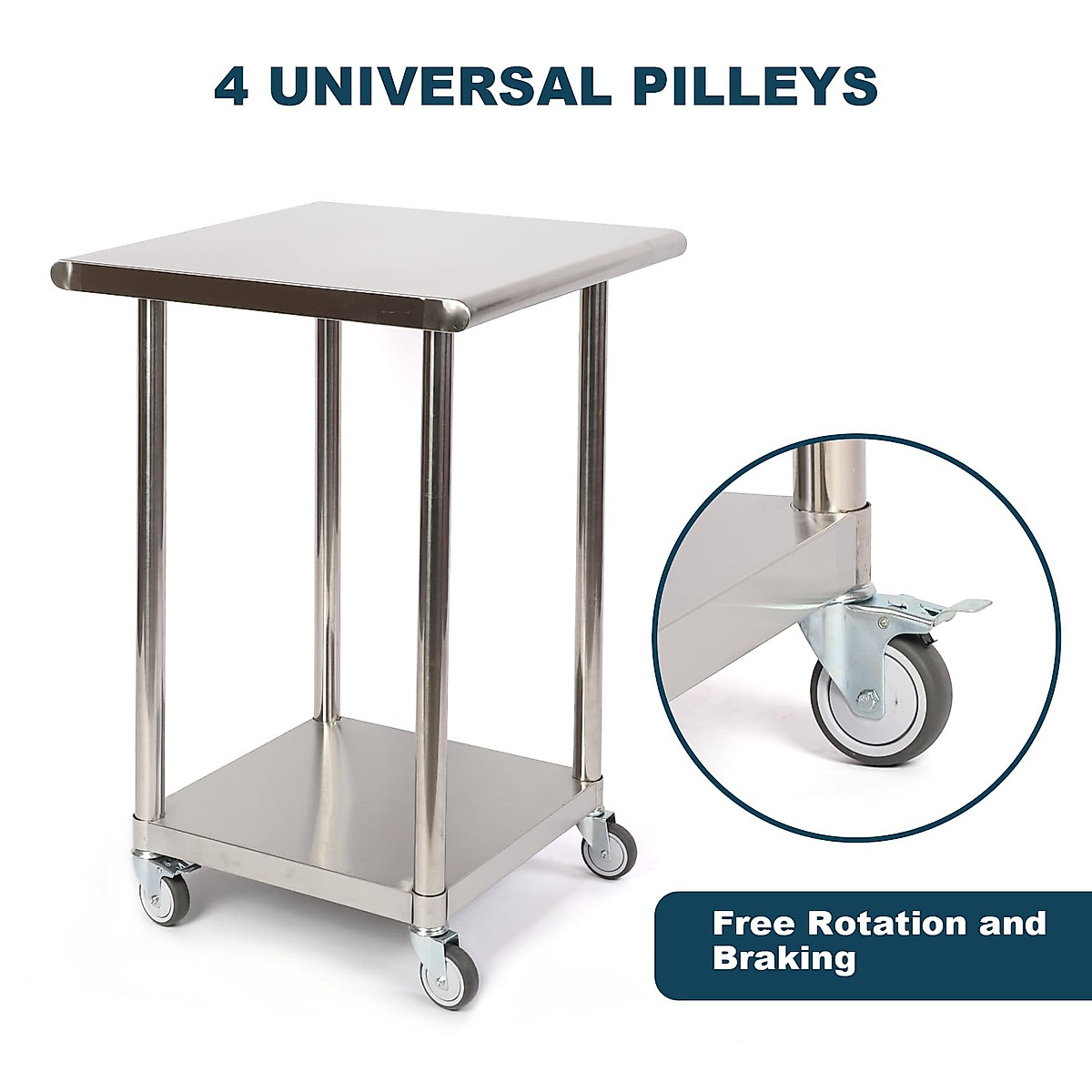 tonchean 24 × 24 × 36in Stainless Steel Workbench with Wheels, NSF Heavy Duty Commercial Workbench with Adjustable Shelves and Caster Brake Cart for Commercial Kitchen, Hotel, Laundry, Storage, Home