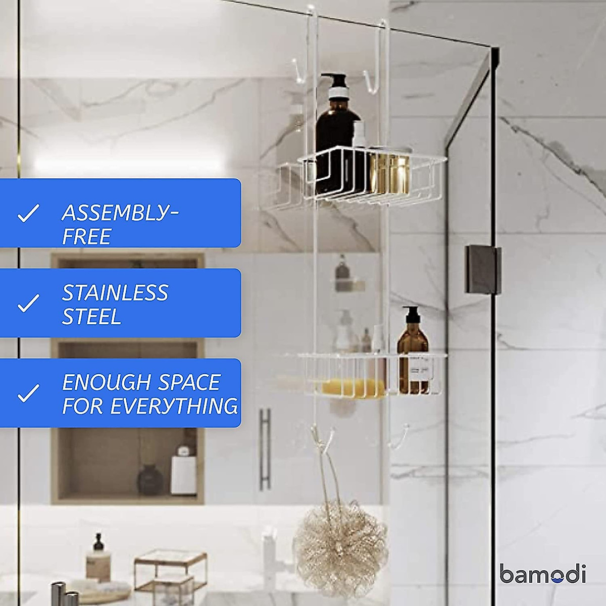 Bamodi |2-Tier Stainless Steel Shower Caddy-Hanging Shower Rack-Bathroom Organizer for Accessories-Rustproof Stainless Steel-2 Towel Hooks-27.56" DX8.27 WX7.28 H(Chrome)