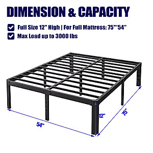 Hunlostten 12" Full Size Bed Frame No Box Spring Needed, Heavy Duty Metal Platform Bed Frame Full with Round Corners, Easy Assembly, Noise Free, Black