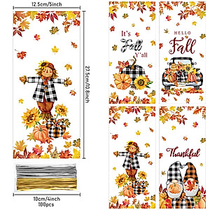 200 Pieces Thanksgiving Treat Bags Fall Cellophane Favor Bags Autumn Plaid Treat Bags Maple Leaves Pumpkin Fall Candy Bags with Twist Ties for Thanksgiving Fall Autumn Party Supplies