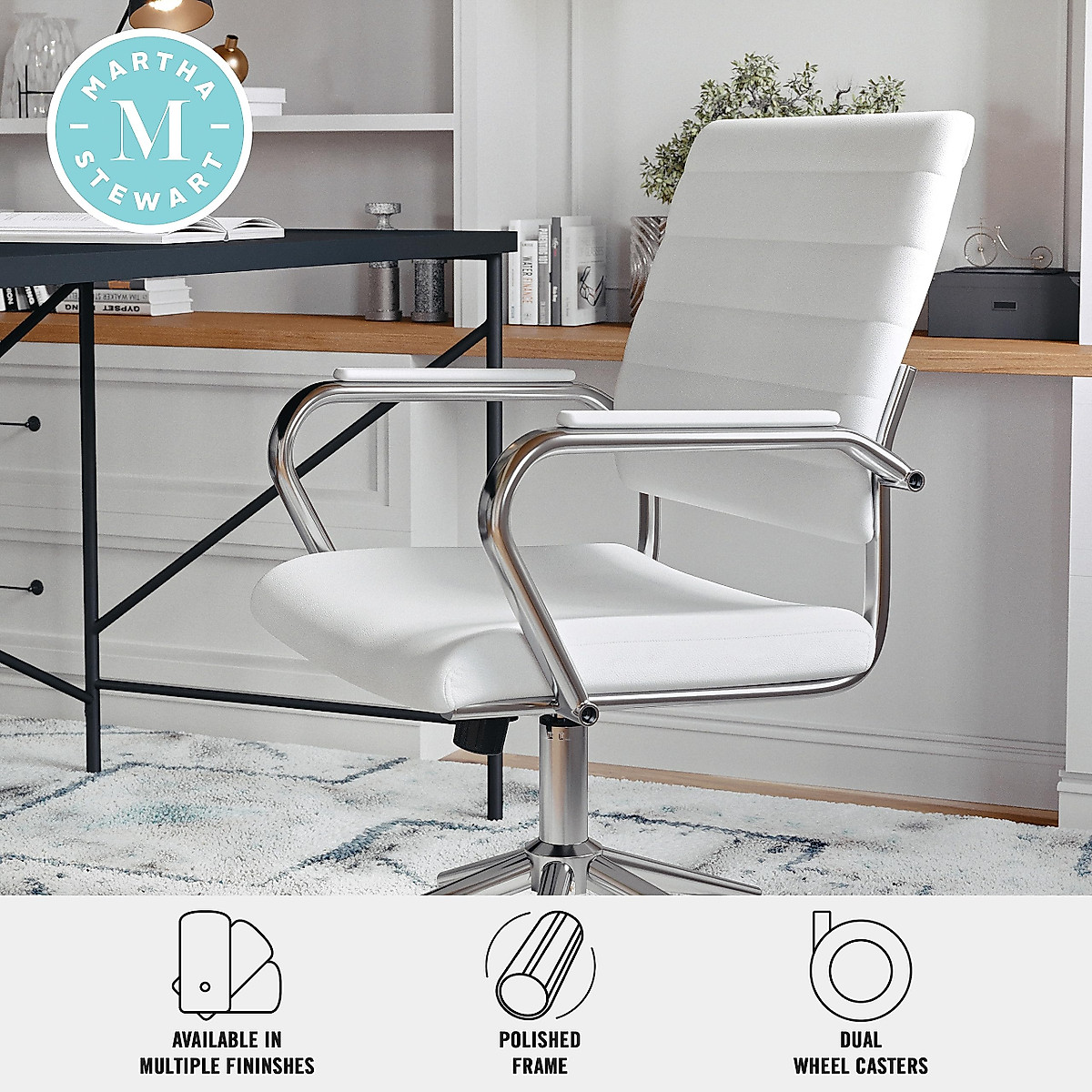 Martha Stewart Piper Swivel Task Chair with Armrests for Home Office in White Faux Leather with Polished Nickel Frame