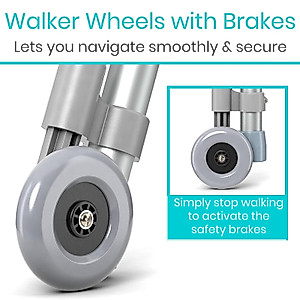 Vive Walker Wheels with Brakes - Mobility Aid Equipment for Seniors - Replacement Parts for Back Stability Safety - 3 Inch Rear Glide Rubber Wheel - Swivel/Lock Universal Adjustable Design