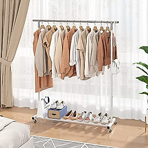 Buzowruil Clothing Rack Clothes Rack Standard Rod Simple Rolling Metal Garment Rack Organizer Freestanding Hanger with Wheels,White with Silver