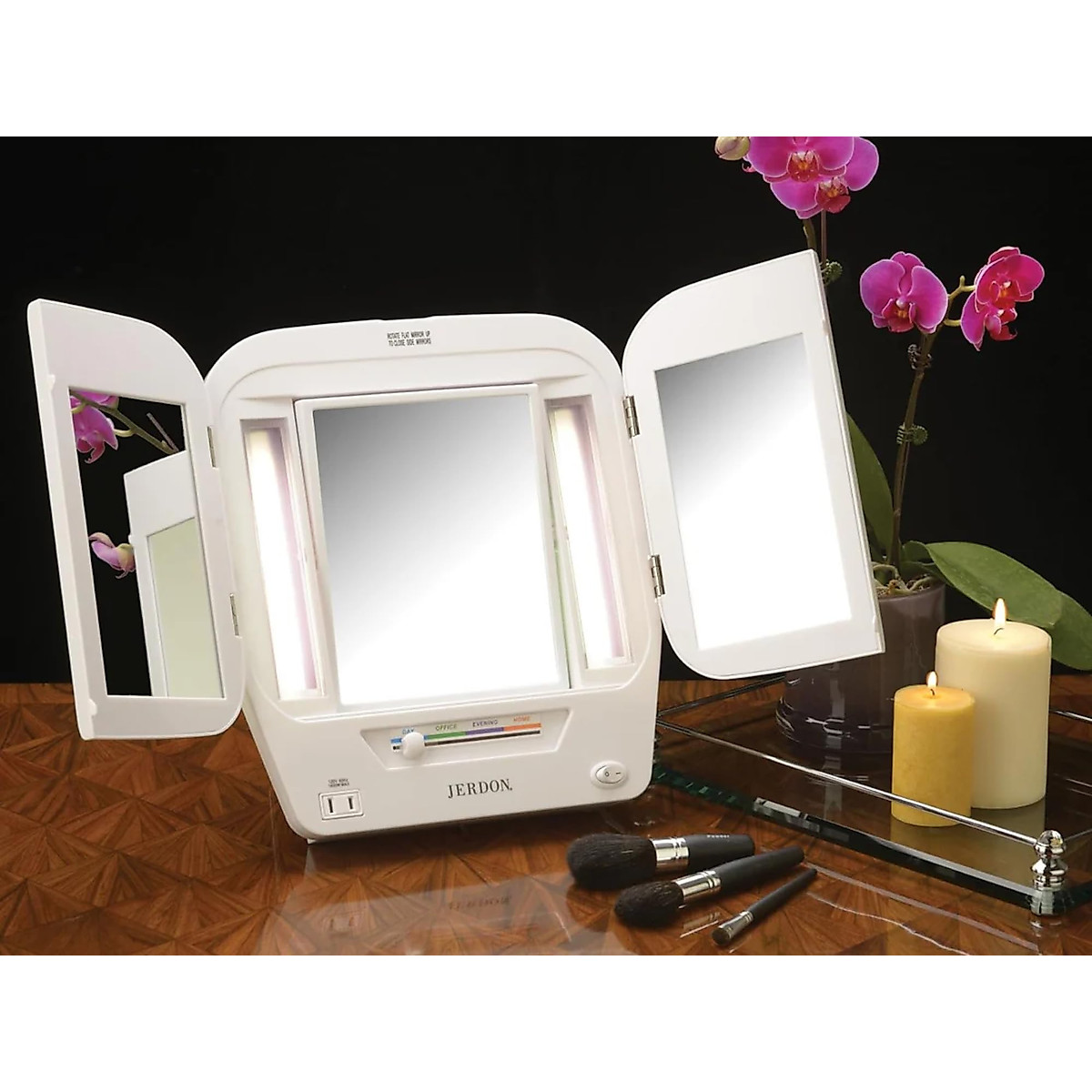 JERDON Modern Tri-Fold Makeup Mirror with Lights - Vanity Mirror with 5X Magnification & Multiple Light Settings - White Base - Model JGL10W