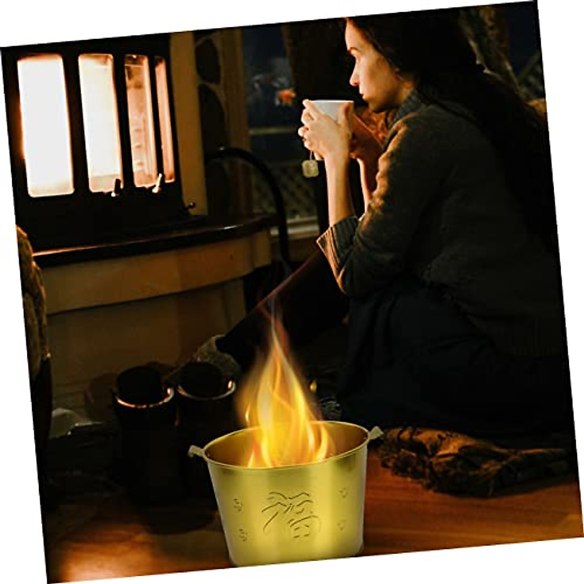 Veemoon Trash Golden Steel Leaves Bonfire Leaf Ash Fortune Bin Garden Wood Tongs Home Paper Barrel Hook Can Fireplace Fire Pit Stainless Bucket Money Sacrifice with Basin Yard Backyard