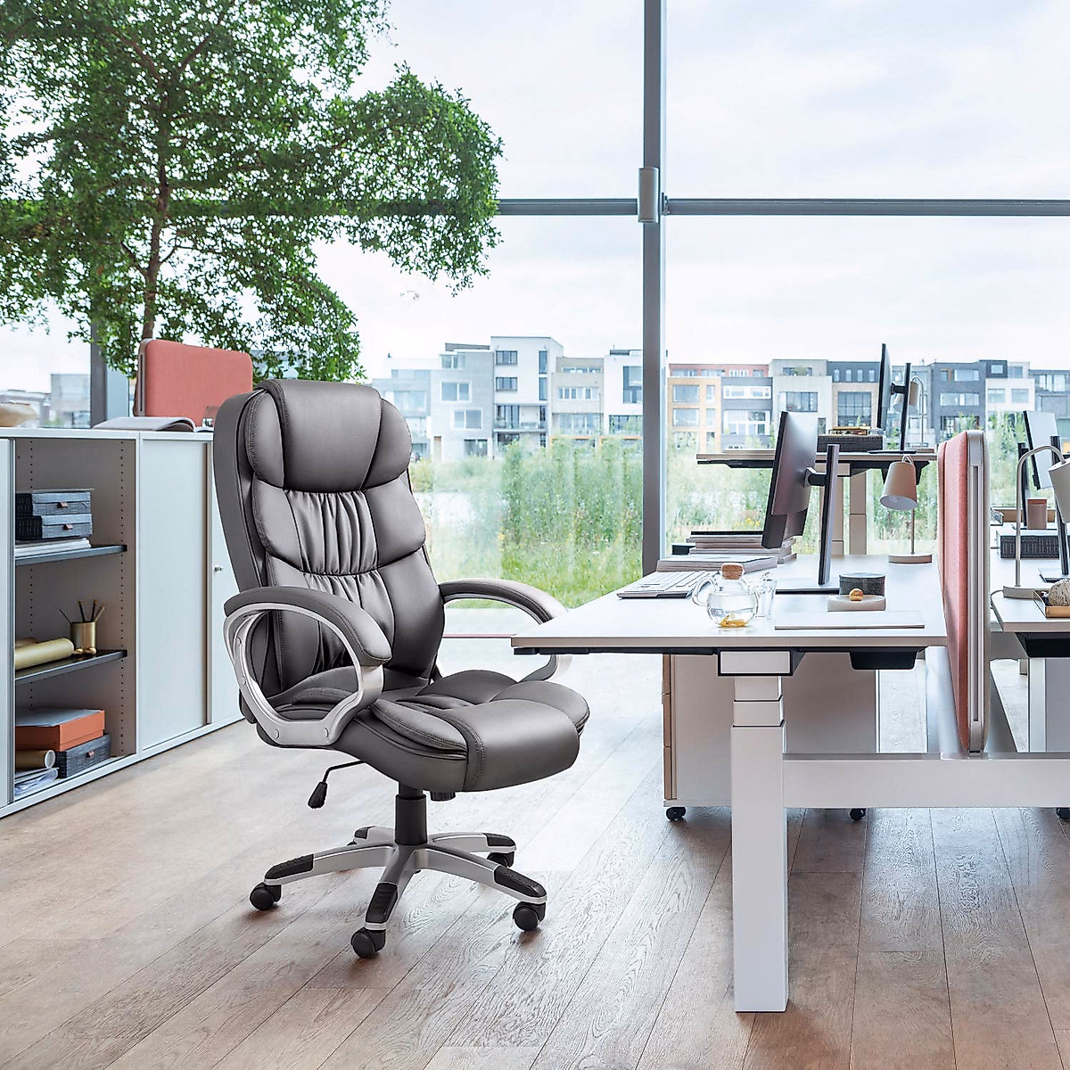 GUNJI Office Chair PU Leather High Back Executive Chair Ergonomic Computer Chair, Modern Adjustable Home Desk Chair Swivel Managerial Chair with Padded Armrests and Lumbar Support (Gray)