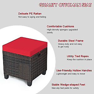 RELAX4LIFE 2-Piece Patio Ottoman Set - Wicker Footstools, All Weather PE Rattan Ottoman with Removable Cushions, Square Footrest Seat, Outdoor Stools for Garden, Porch, Pouf Ottoman (Red)
