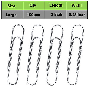 Vinaco Paper Clips Non Skid, 100 Pack Large Paper Clips 2 Inch (50 mm), Durable & Rust Resistant, Jumbo Paper Clips. Great for Office, School and Personal Use
