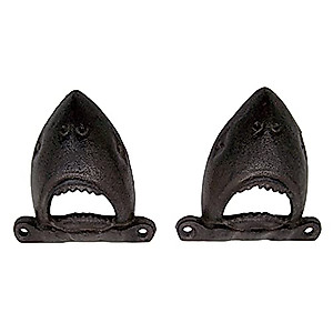 Cast Iron Shark Head Bottle Openers, Wall Mounted, Nautical Bar Décor, Set of 2, 3.5 Inches