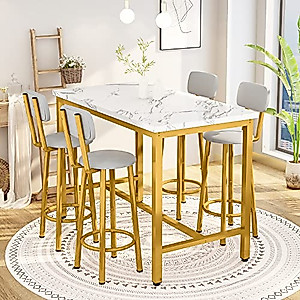 Lamerge Dining Table Set for 4 Bar Table and Chairs Set Faux Marble Counter Height Dining Table Set with 4 PU Upholstered Stools Kitchen Pub Table for Kitchen, Restaurant, Space Saving, Gold and White