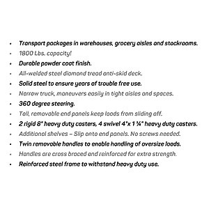 Heavy Duty, Narrow Aisle U-Boat Platform Truck Dolly, 16x60 Steel Deck, 2000 Lbs. Capacity