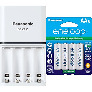 Panasonic "Advanced" eneloop Individual Battery 3 Hour Quick Charger with 4 LED Charge Indicator Lights, White & BK-3MCCA8BA eneloop AA 2100 Cycle Ni-MH Pre-Charged Rechargeable Batteries, 8 Pack