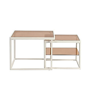 VKKILPEE Modern Nesting Coffee Table Set with High-Low Combination Design, Brown Tempered Glass Square Cocktail Table, White Metal Frame, Length Adjustable 2-Tier Center End Table for Living Room