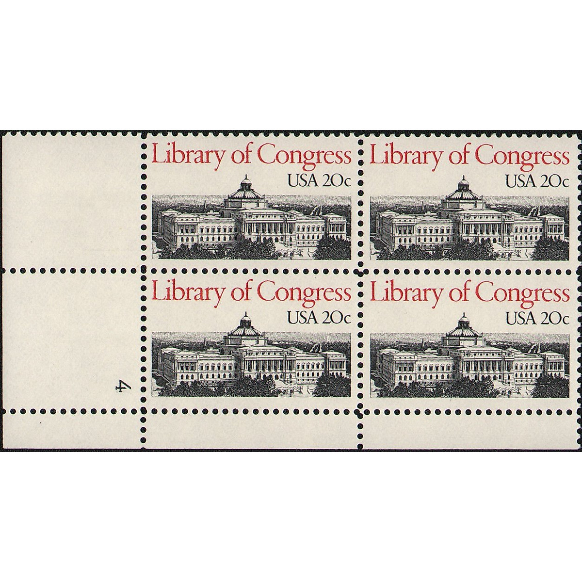 LIBRARY OF CONGRESS ~ THOMAS JEFFERSON BUILDING #2004 Plate Block of 4 x 20¢ US Postage Stamps