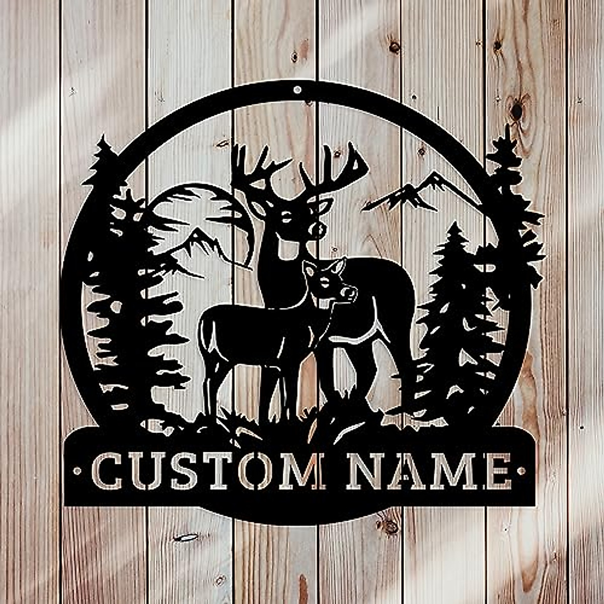 Lymnaraa Deer And Mountain Forest Metal Wall Art Custom Name Sign Outdoor Decor Deer Hunting Metal Wall Hanging Decor Personalized Gift for Family Friend Anniversary Wedding Gift