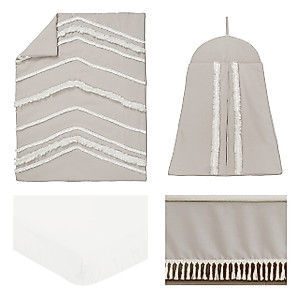 Sweet Jojo Designs Boho Bohemian Baby Boy Girl Nursery Crib Bedding Set - 4 pcs - Solid Taupe Beige Ivory Cream Off White Linen Farmhouse Shabby Chic Designer Modern Minimalist Tufted Tassel Macrame