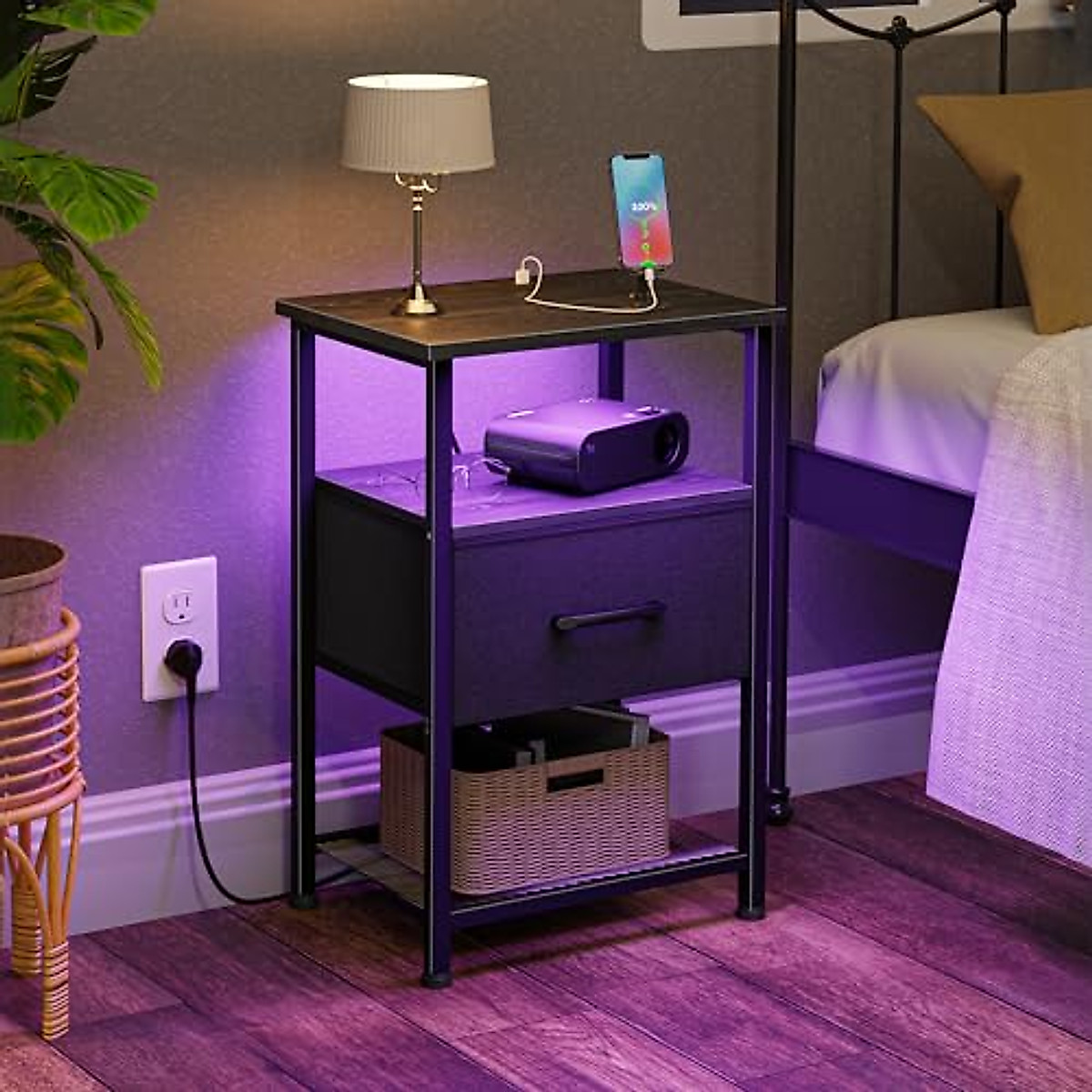 LAKEMID Nightstands Set of 2 with Charging Station and Drawer, End Table Bedside Table with 20 Colors LED Light Strip and 2 Layers Shelf for Bedroom Living Room Sofa Couch (Black)