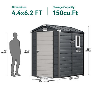 YITAHOME 4.4x6.2FT Outdoor Resin Storage Shed w/o Floor, All-Weather Plastic Shed with Lockable Doors, Window & Vents, Plastic Tool Shed for Backyard, Patio, Poolside, Lawn, Gray