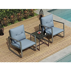 Pyramid Home Decor 3 Piece Rocking Bistro Set - Synthetic Wicker Outdoor Furniture - Glass Coffee Table with 2 Chairs for Balcony, Patio & Porch - Black Metal, Soft Cushions (Gray)