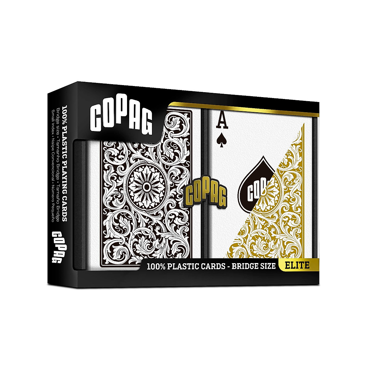 Copag 1546 Design 100% Plastic Playing Cards, Bridge Size (Narrow) Black/Gold (Standard Index, 1 Set)