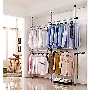 Portable Garment Rack, Adjustable Heavy Duty DIY Clothes Wardrobe Clothing Rack Metal Clothes Closet Storage Origanizer for Clothes Jacket Shirt Long Dress, 3 Poles 4 Bars