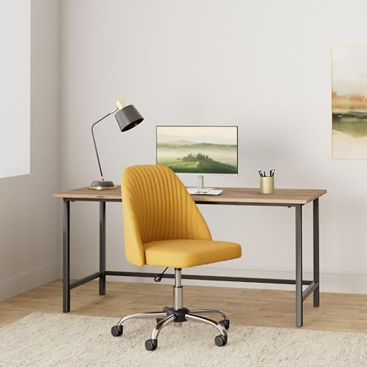 DUMOS Fashion Small Wheels Cute Vanity Swivel Back Mid Century Modern Armless Home Desk Task Chair for Bedrooms, Office, Dressing Room, Study, Yellow