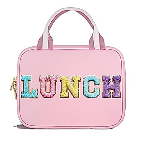 Janhavi Cute Insulated Lunch Bag for Women Personalized Preppy Kids Lunch Box for Girls Reusable Nylon Cooler Bag Lunch Tote Bag with Chenille Letter for School Beach Picnic Travel -LUNCH