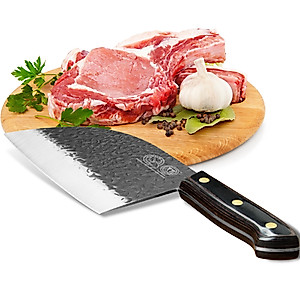 XYJ FULL TANG 7-inch Serbian Butcher Knife Multipurpose Chinese Chef Knives High Carbon Stainless Steel Meat Knives Heavy Duty Blade With Leather Sleeves For Home Outdoor &Camping